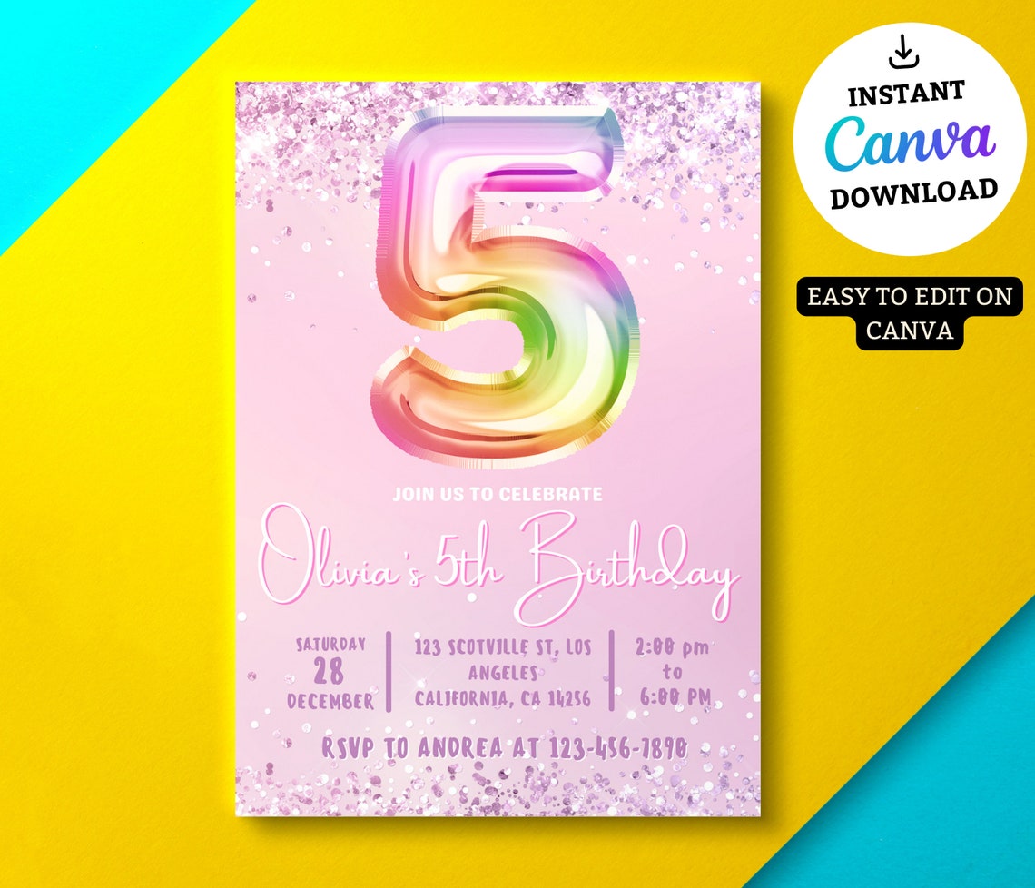 Editable Pink 5th Birthday Invitation Template Glitter Birthday Party ...