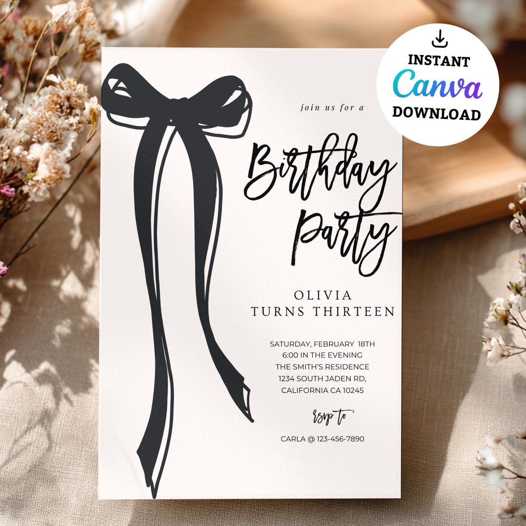 Editable Black Bow Birthday Template Printable, Black Coquette Bow ...