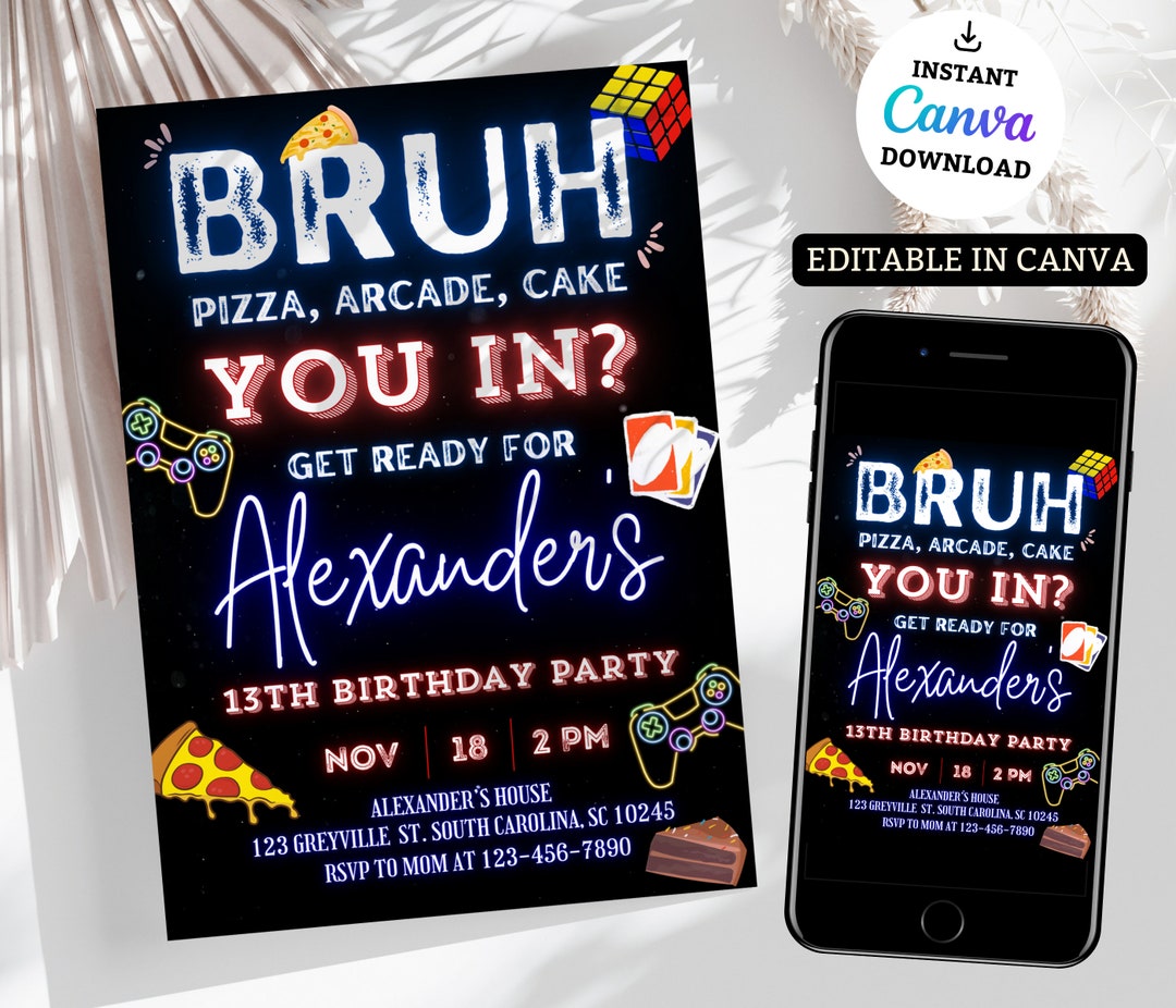 Bruh Neon Birthday Invitation, Boy Birthday Invitation, Teenager ...