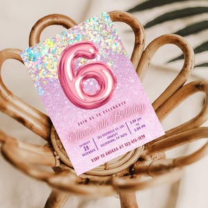 Editable Pink 6th Birthday Invitation Template Glitter Birthday Party ...