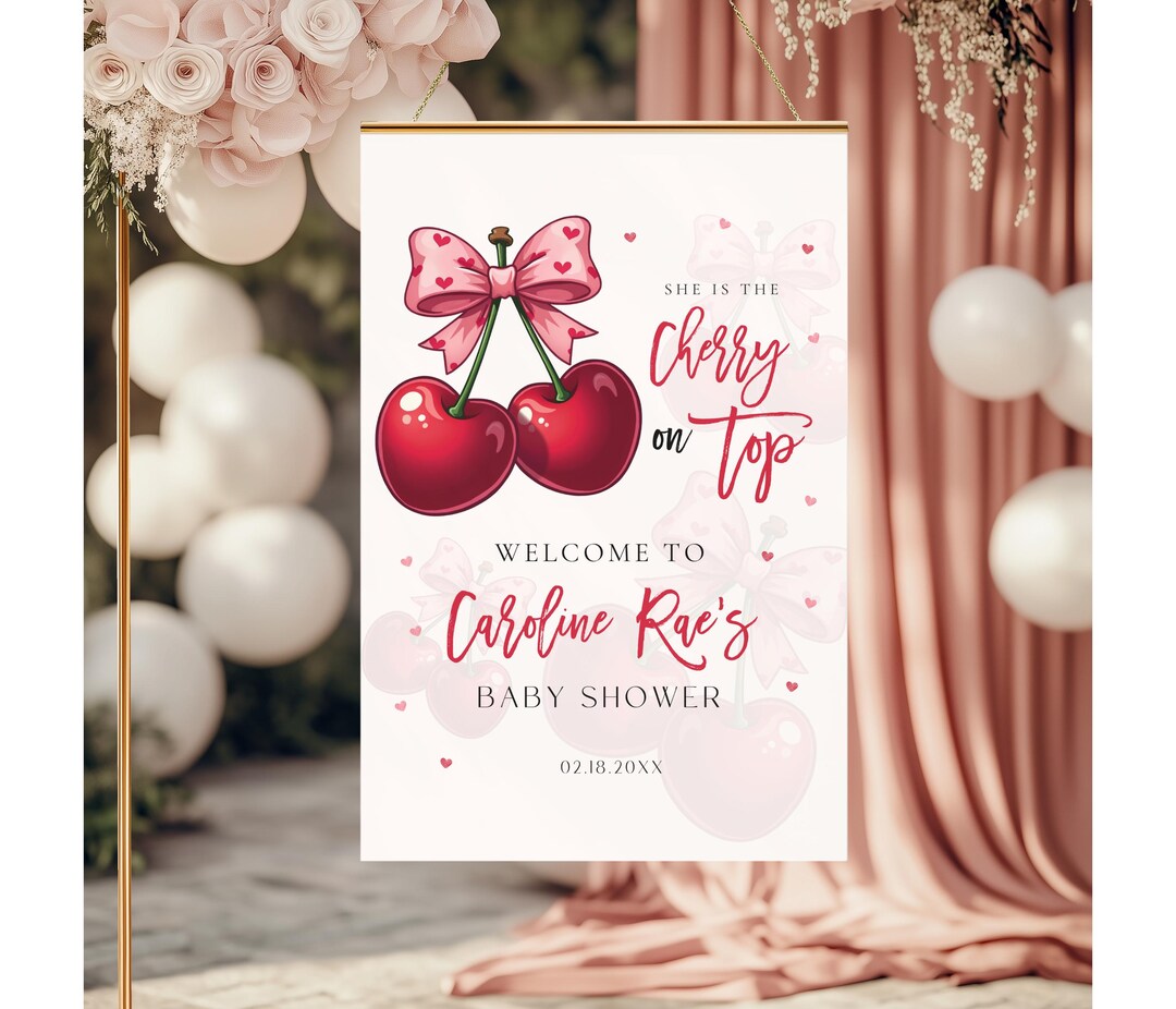 Cherry Baby Shower Welcome Sign, Cherry on Top Invite, Editable Pink ...