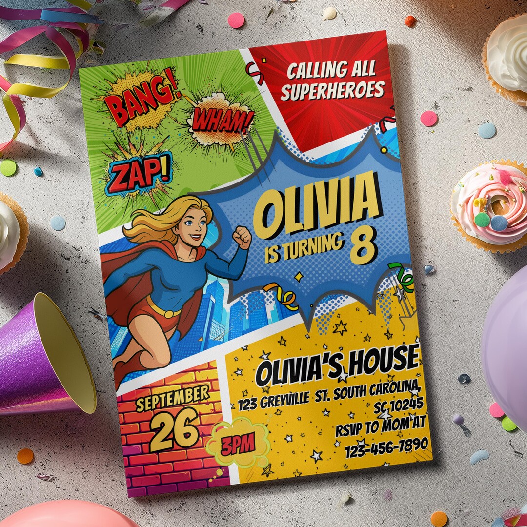 Editable Superhero Birthday Invitation Template, Super Girl Comic Book ...