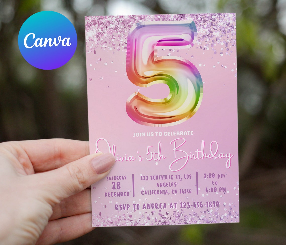 Editable Pink 5th Birthday Invitation Template Glitter Birthday Party ...