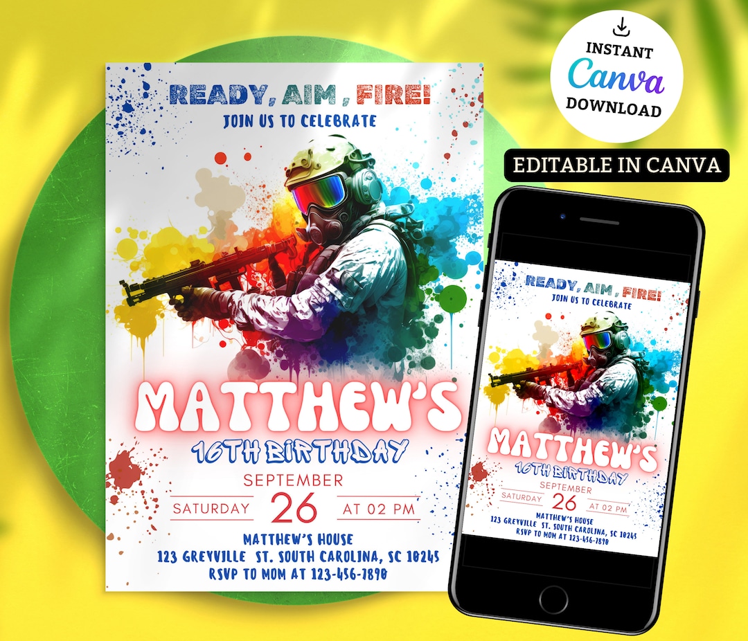 Editable Paintball Birthday Invitation, Paint Ball Party, Paintball ...