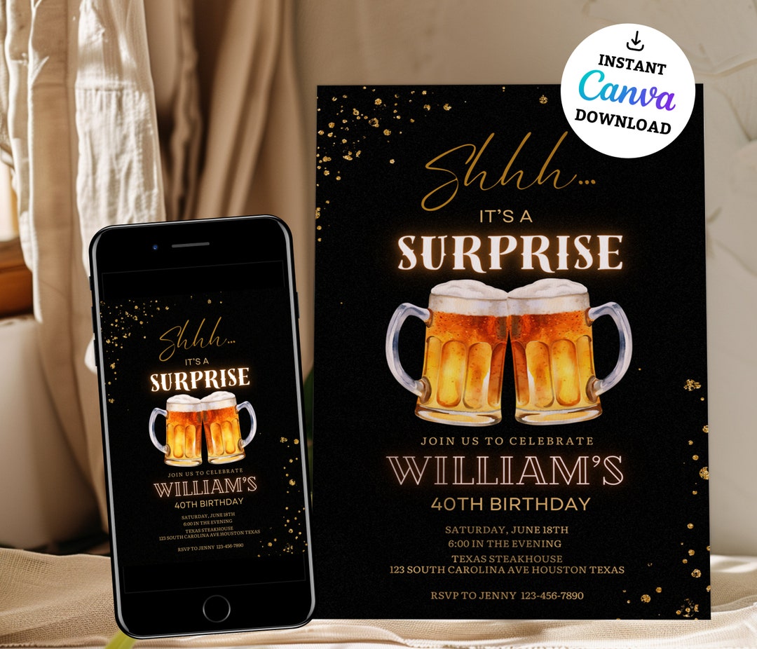 Beer Surprise Adult Birthday Party Invitation, Editable Beer 30th 40th ...
