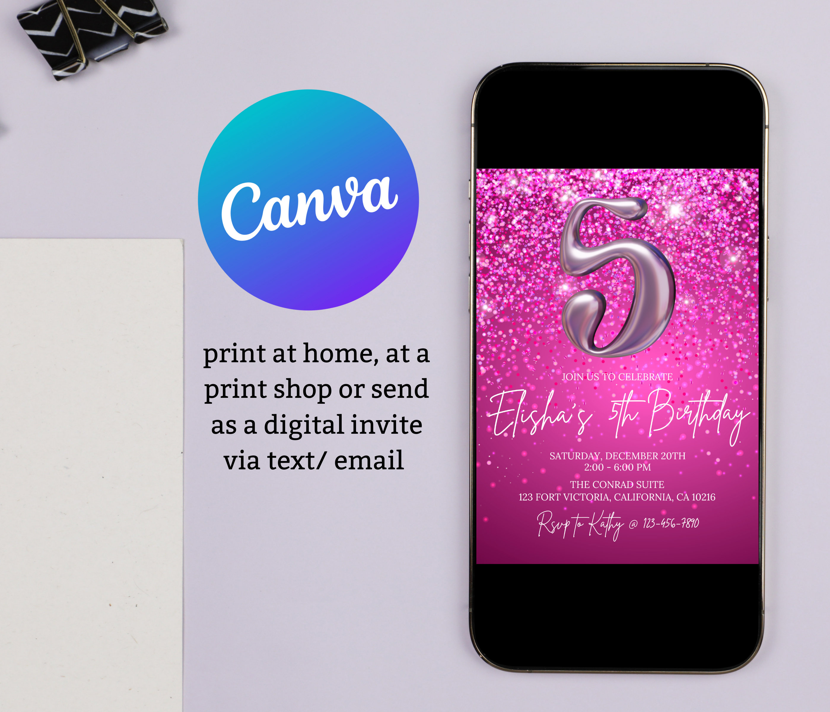 Editable Pink 5th Birthday Invitation Template Glitter - Etsy