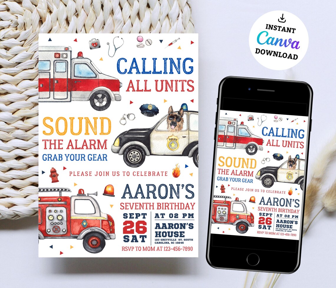 Emergency Vehicles Birthday Invitation, EDITABLE First Responders Party ...