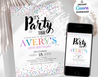 Confetti Party Invitation, It's Party Time, Colorful Invite, Simple ...