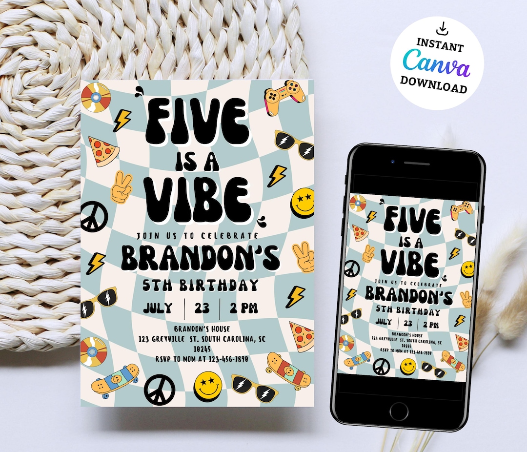 Five is a Vibe Invitation, Skateboarding Party, Boys Retro Checker ...