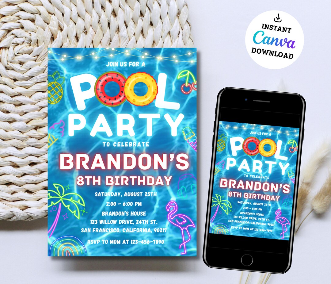 Pool Party Editable Invitation, Summer Birthday Party Evite, Text ...