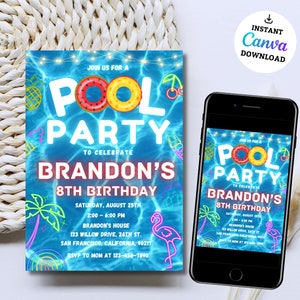 Pool Party Editable Invitation, Summer Birthday Party Evite, Text ...