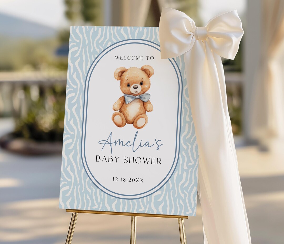 Teddy Bear Baby Shower Welcome Sign, We Can Bearly Wait Sign, Blue ...