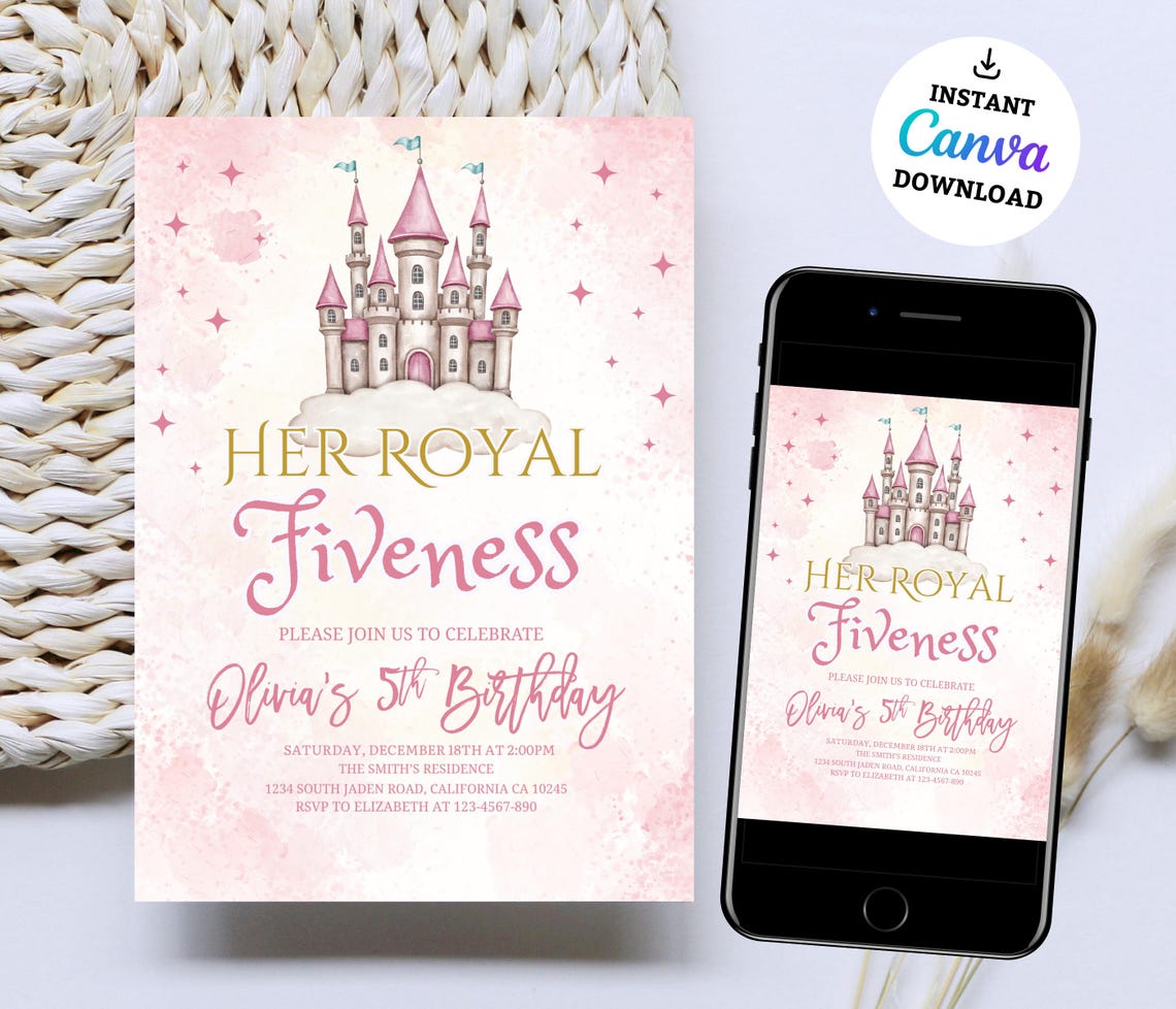 Her Royal Fiveness Princess Birthday Invite Editable Princess 5th ...