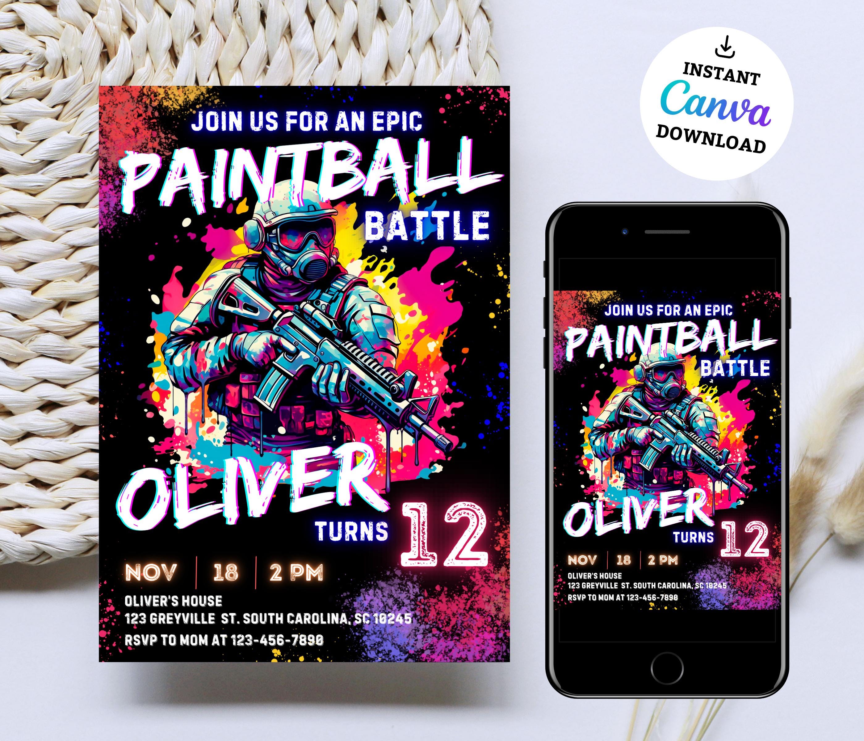 Editable Paintball Invitation Template, Paint Ball Party Invite, Paint ...