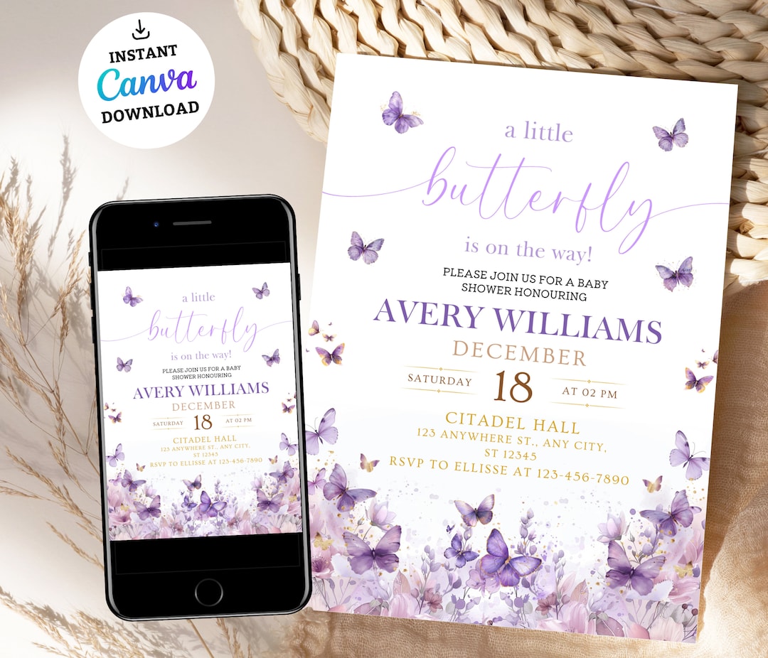 Butterfly Baby Shower Invitation, Purple Butterfly Invitation Template ...