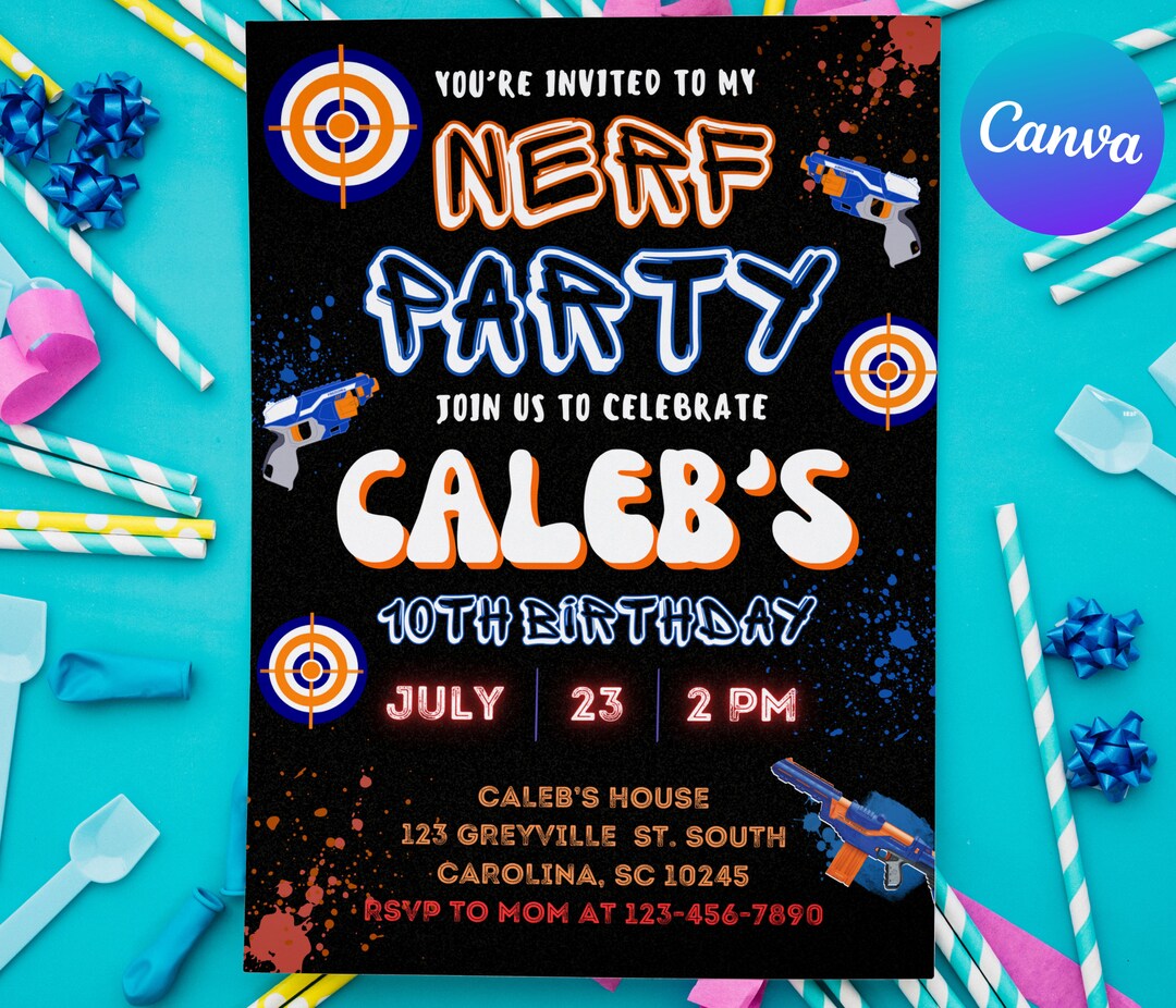 Editable Nerf Birthday Invitation, Dart Gun Party Invite for Boys ...