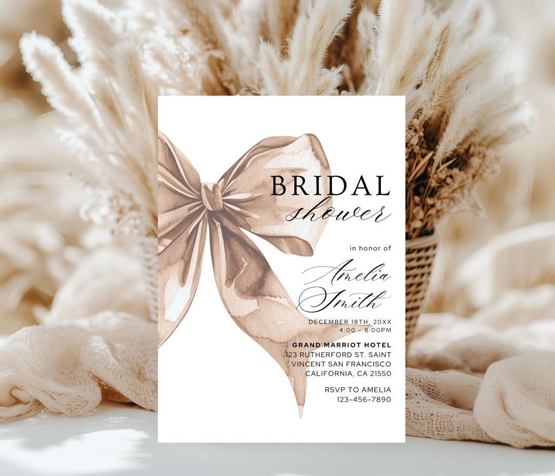 Bow Bridal Shower Invitation, Brown Beige Bow Bridal Shower ...