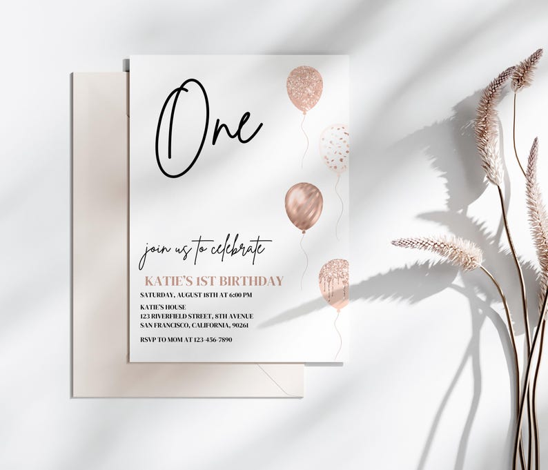 Minimal 1st Birthday Invite Girl Editable Blush Balloons Girl First ...