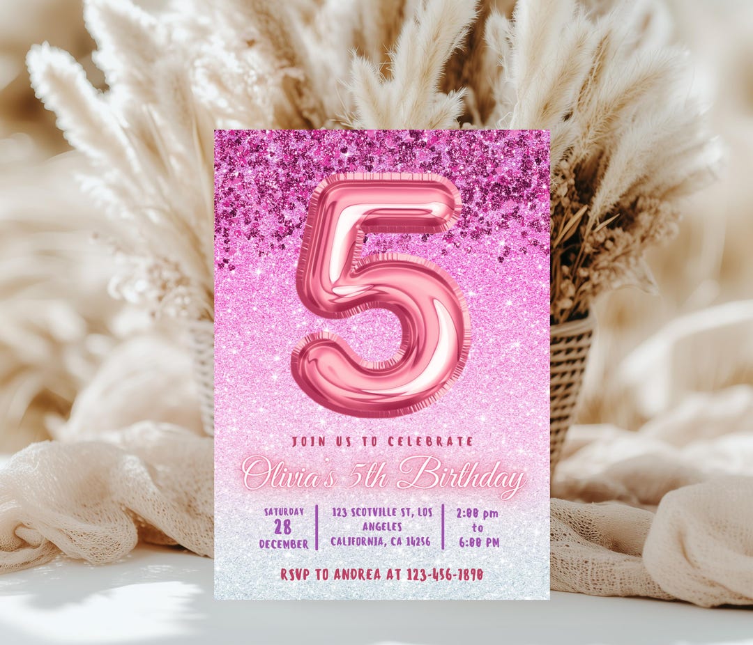 Editable Pink 5th Birthday Invitation Template Glitter Birthday Party ...