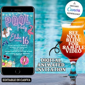 Blue Pool Party Birthday Invitation Video. Neon Beach Theme Tropical ...