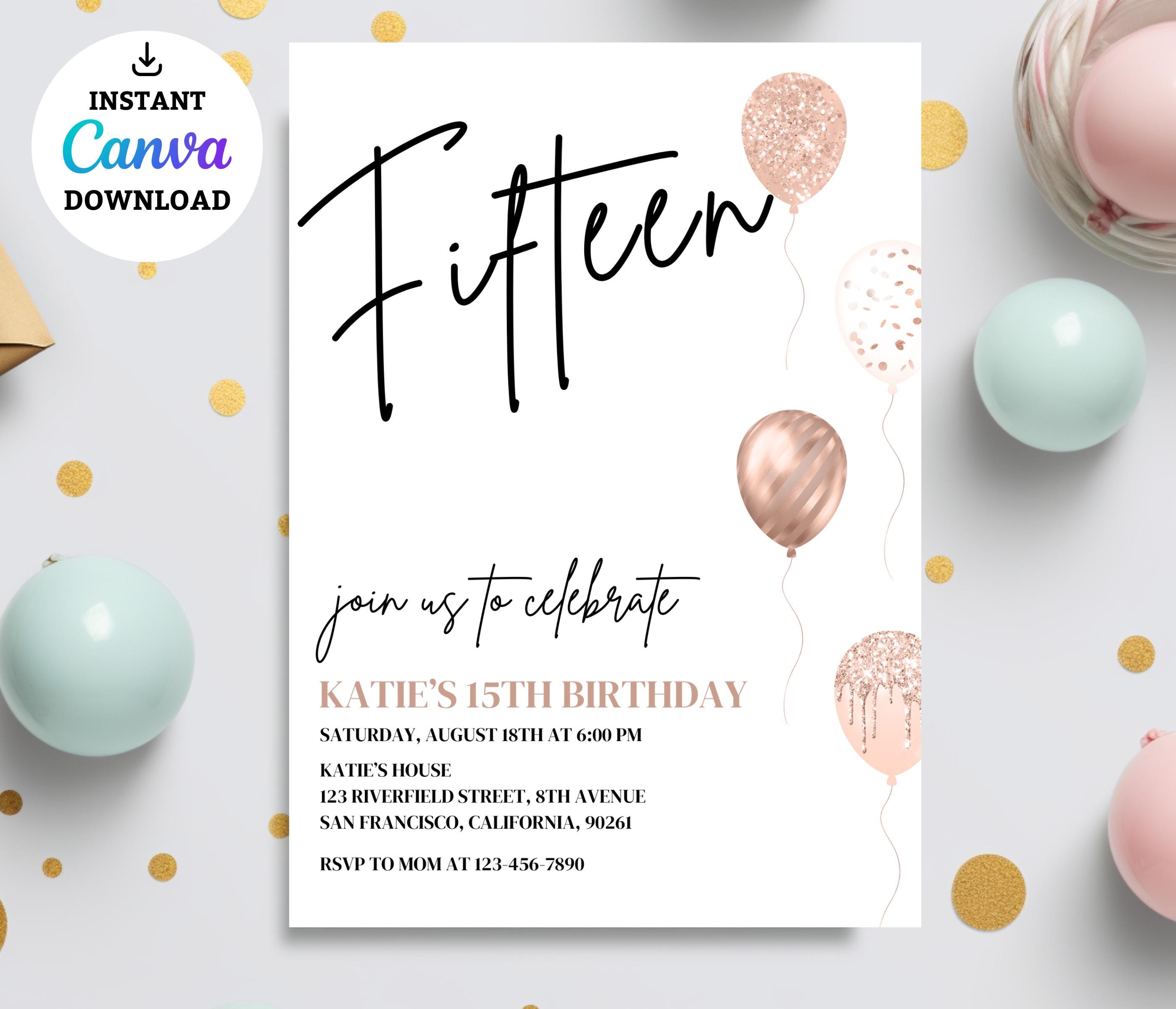 15th Birthday Invitation Editable, Fifteen Birthday Invite, Girl ...