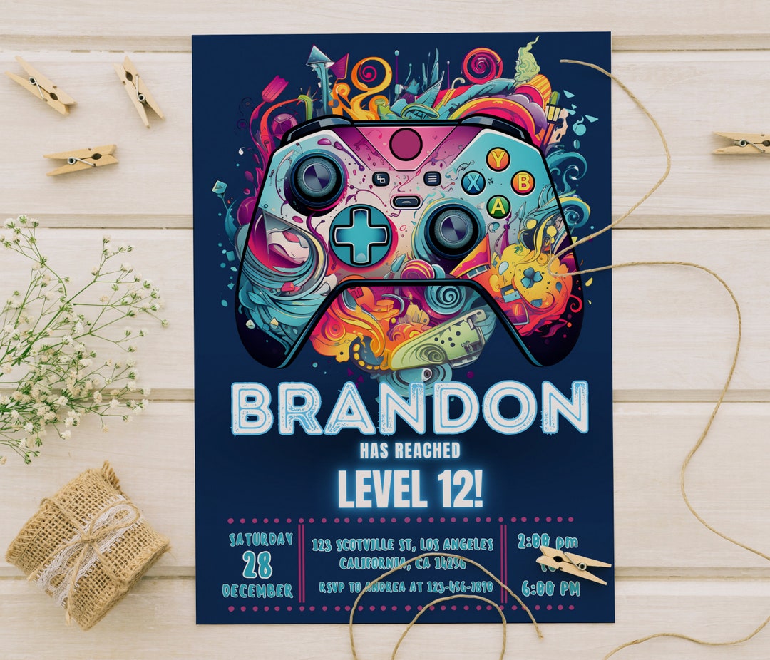 Video Game Birthday Invitation Template, Video Game Invitation, Neon ...