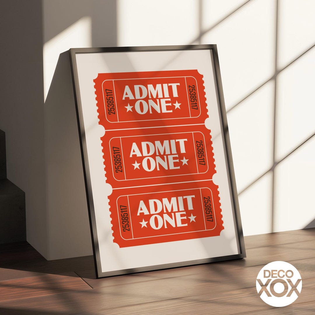 Admit One Red Ticket Wall Art Print | Retro Theater Poster for Movie ...
