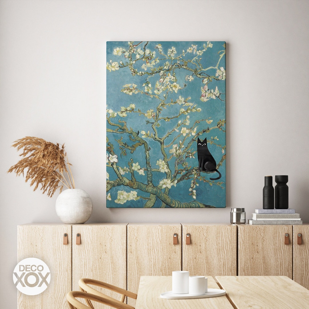 Black Cat Art, Vincent Van Gogh's Almond Blossom Cat Canvas Print, Van ...