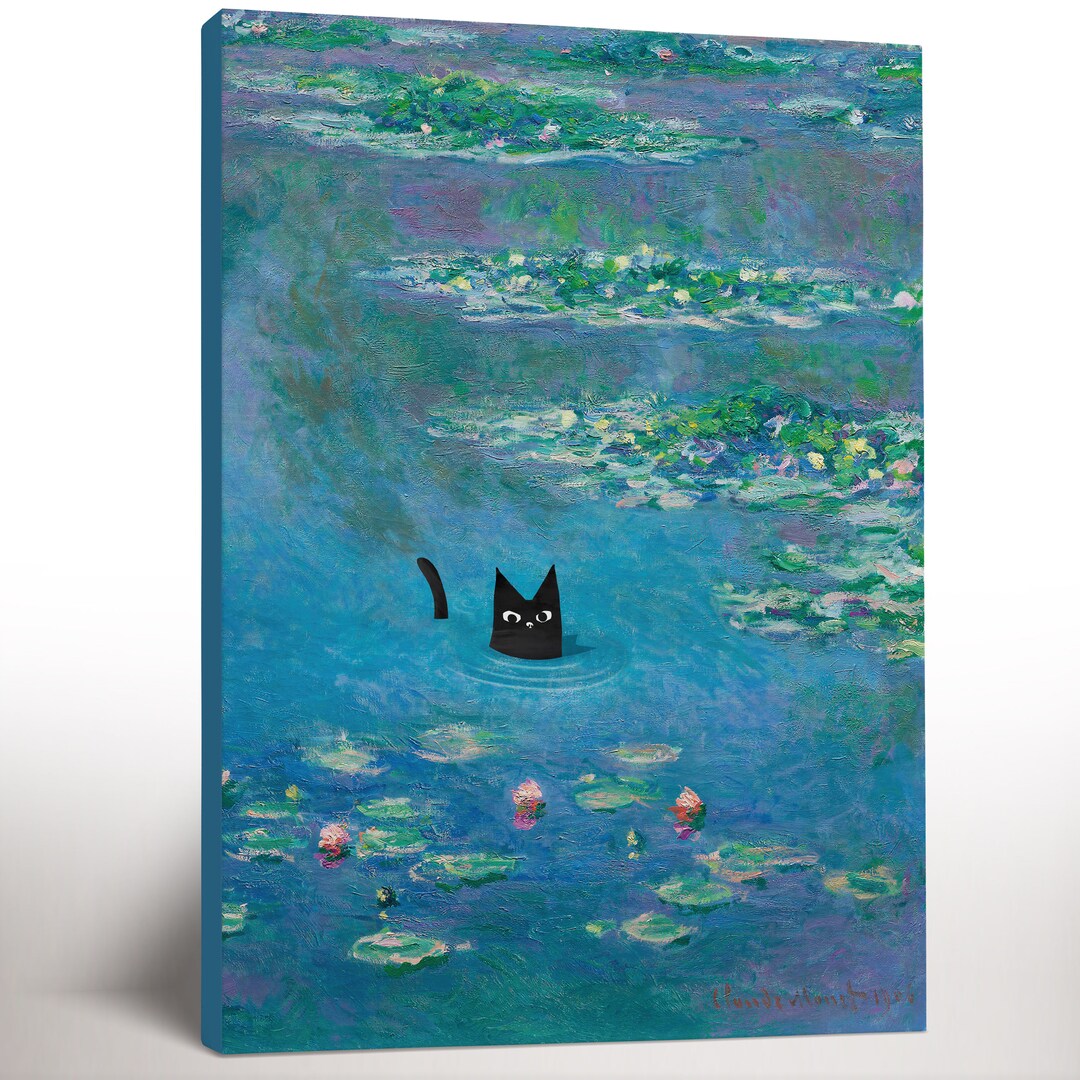 Monet Waterlily Cat Canvas Print, Claude Monet Cat Poster, Black Cat ...