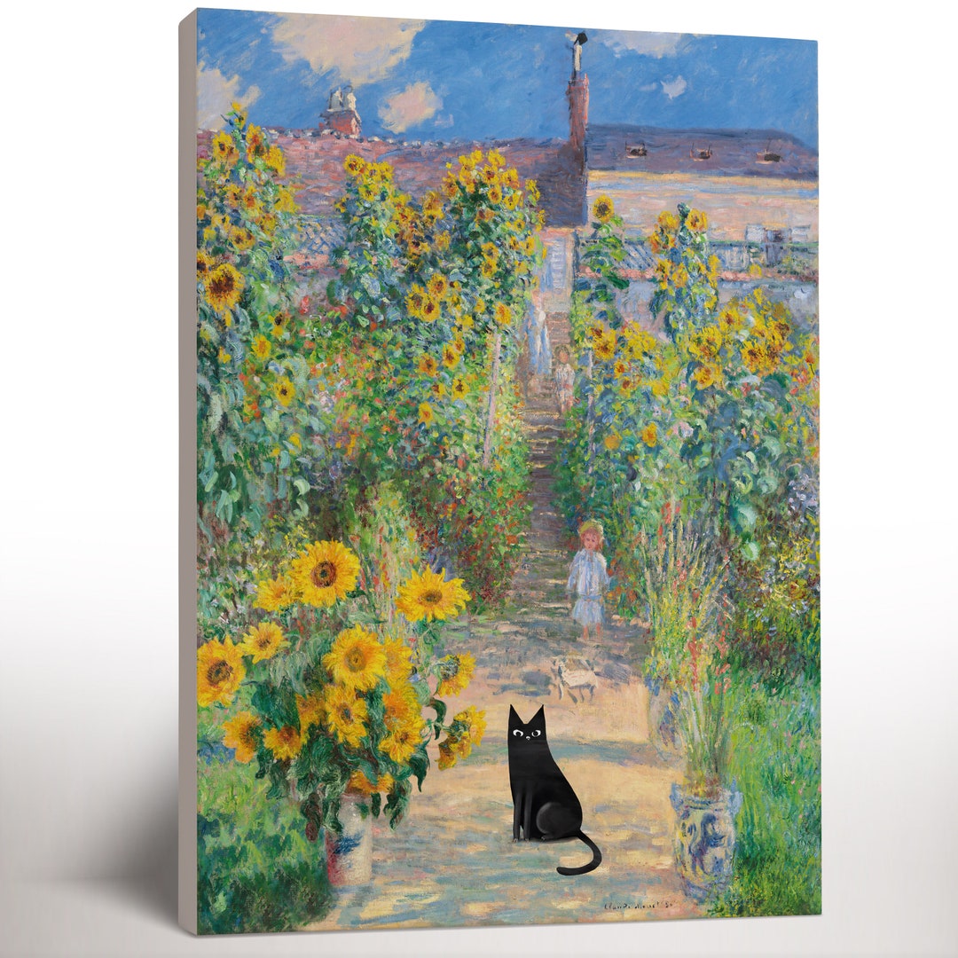 Monet Garden Cat Canvas Print, Claude Monet Cat Poster, Black Cat Art ...