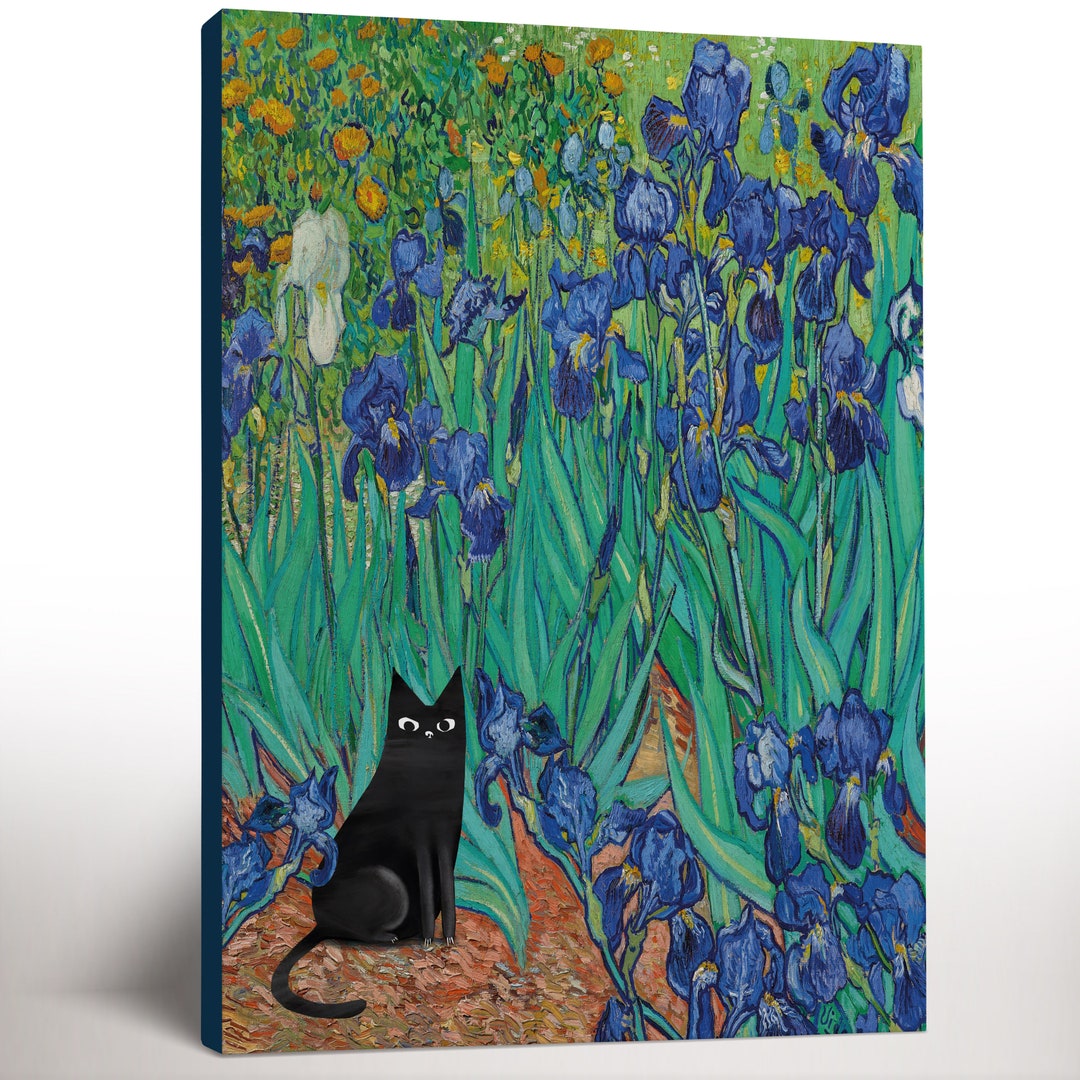 Vincent Van Gogh's Irises Cat Canvas Print, Van Gogh Cat Poster, Black ...
