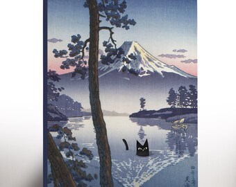 Cat Poster Artwork Japanese Wall Art Print Funny Mt. Fuji Cat Lovers ...