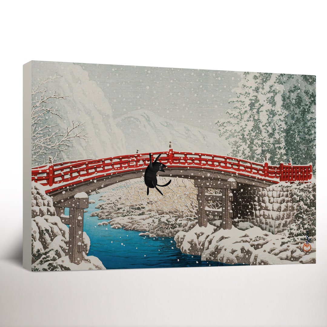 Snow on the Sacred Bridge at Nikko by Hasui Kawase Cat Canvas Print ...