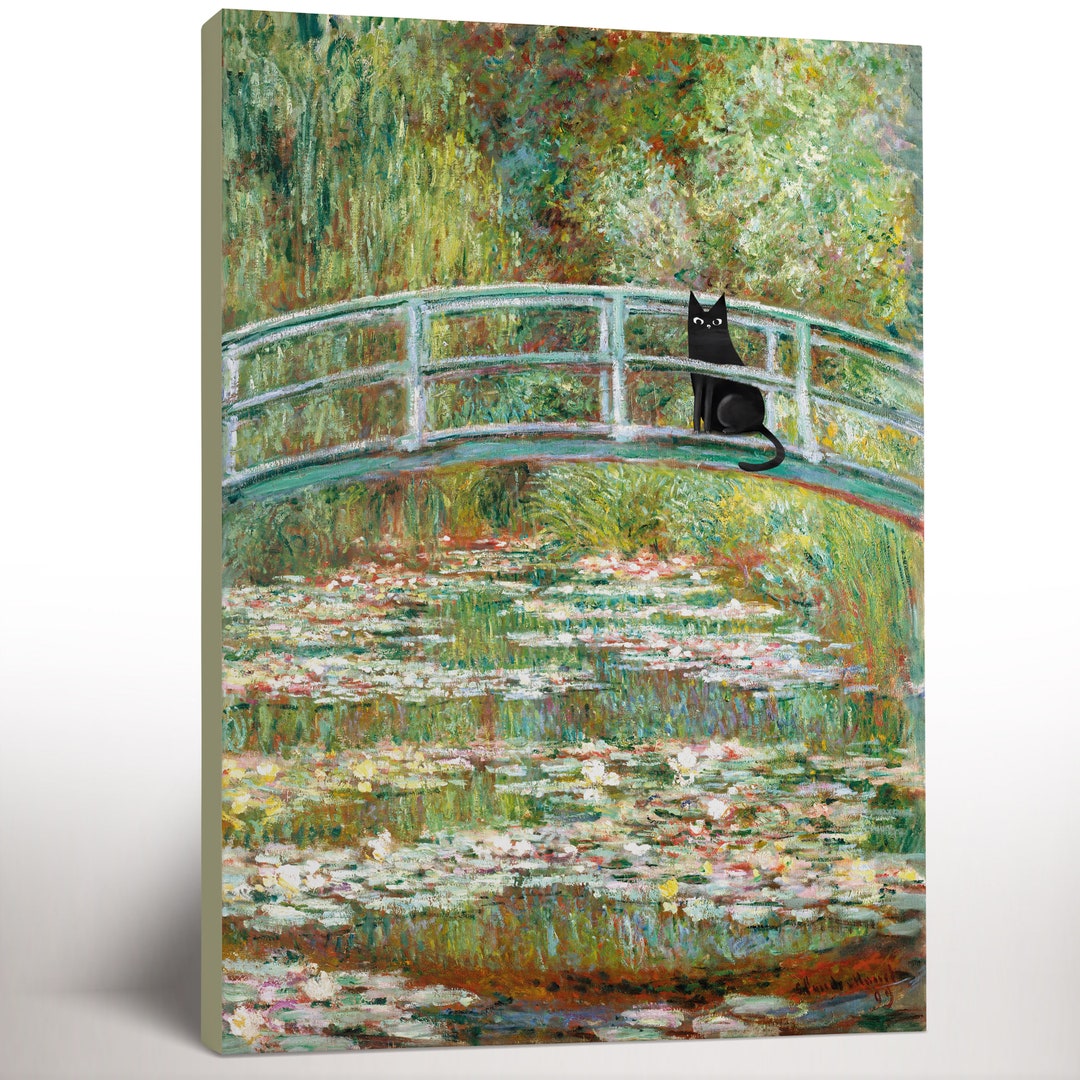 Funny-cat Print Monet Water Lilies Bridge Funny Gift Canvas Poster Wall ...