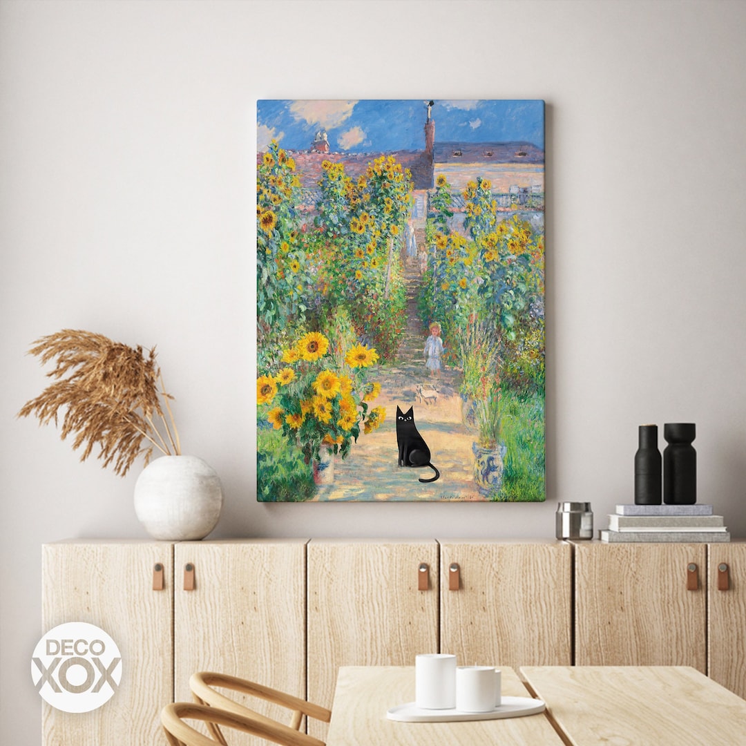 Monet Garden Cat Canvas Print, Claude Monet Cat Poster, Black Cat Art ...