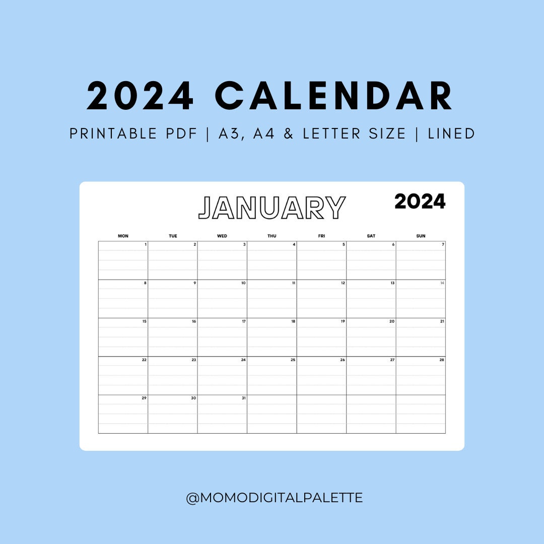 2024 Calendar With Lined Design, Printable Calendar - A3, A4, Letter ...