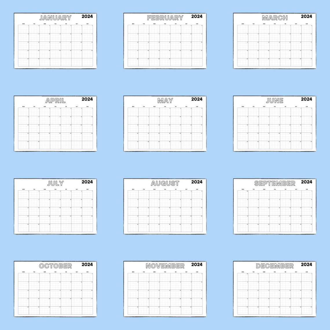 2024 Calendar With Grid Design, Printable Calendar - A3, A4, Letter ...