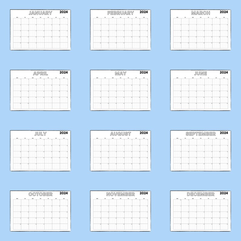 2024 Calendar With Grid Design, Printable Calendar - A3, A4, Letter ...