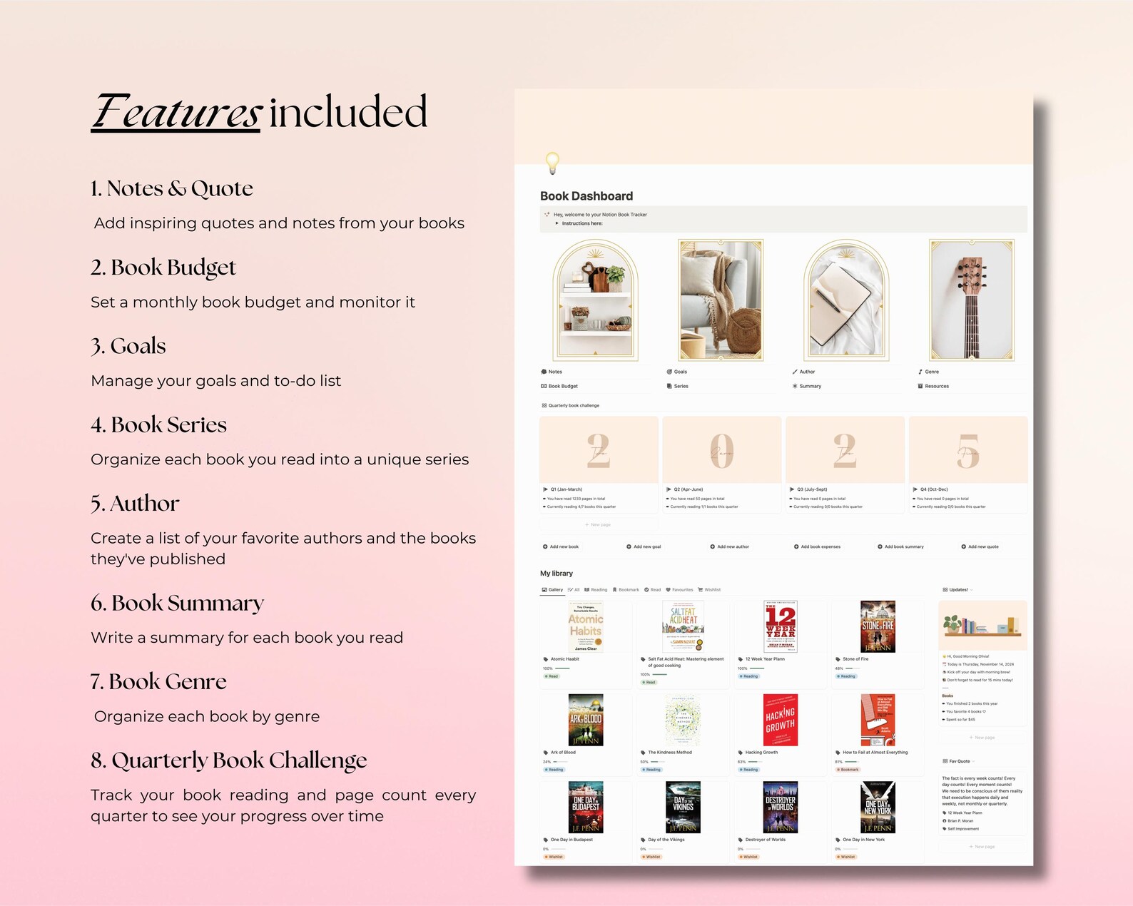 Notion Book Tracker, 2025 Reading Template, Book Journal, Book Review ...