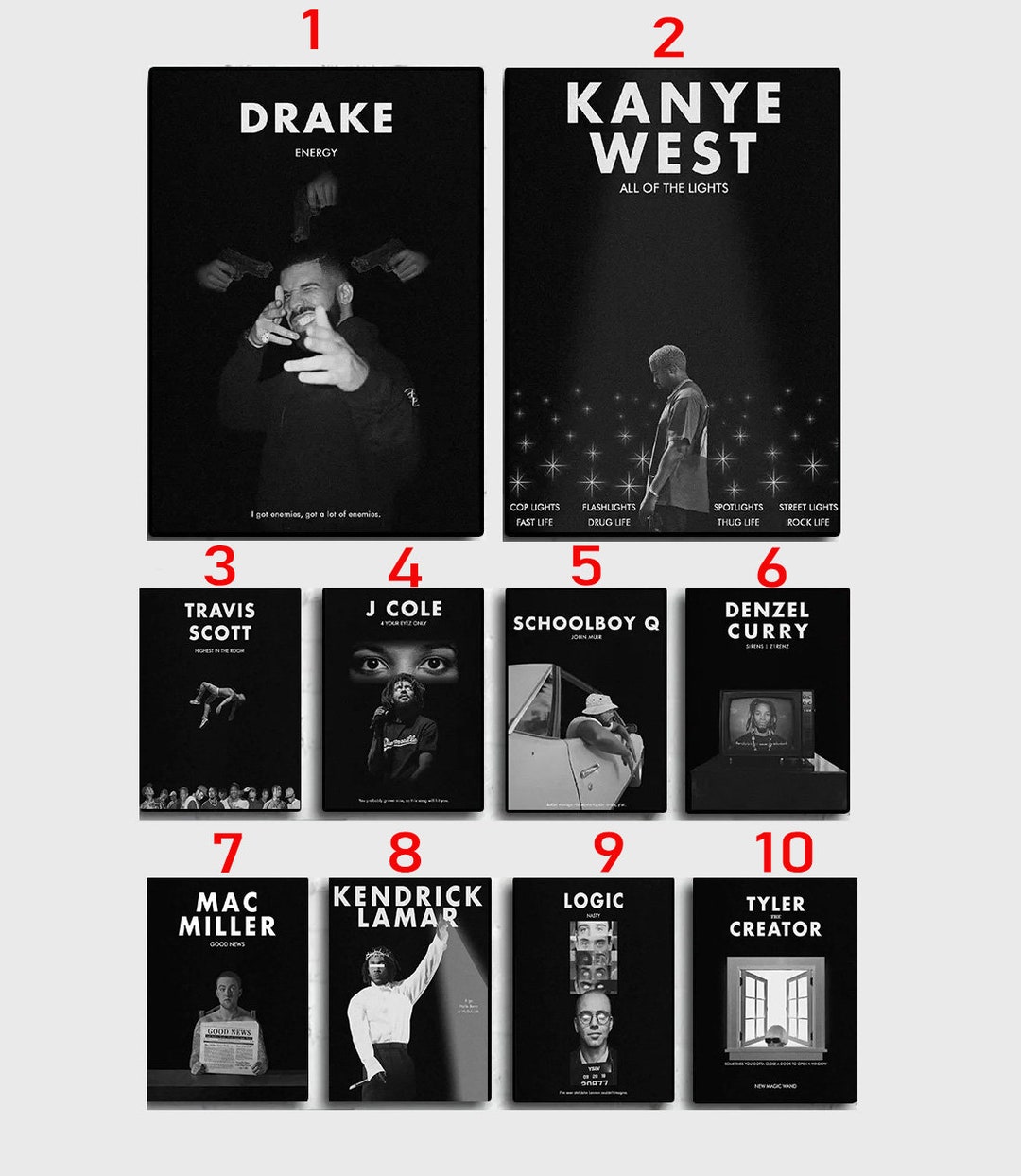Pop Hip Hop Rapper Kanye West Drake J.cole Posters Black & White ...