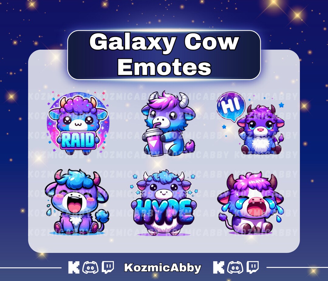 Galaxy Fluffy Cow Emotes, Twitch Animal Emote 6 Pack, Streaming Sub ...