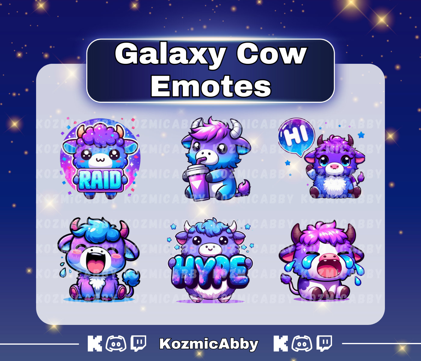 Galaxy Fluffy Cow Emotes, Twitch Animal Emote 6 Pack, Streaming Sub ...