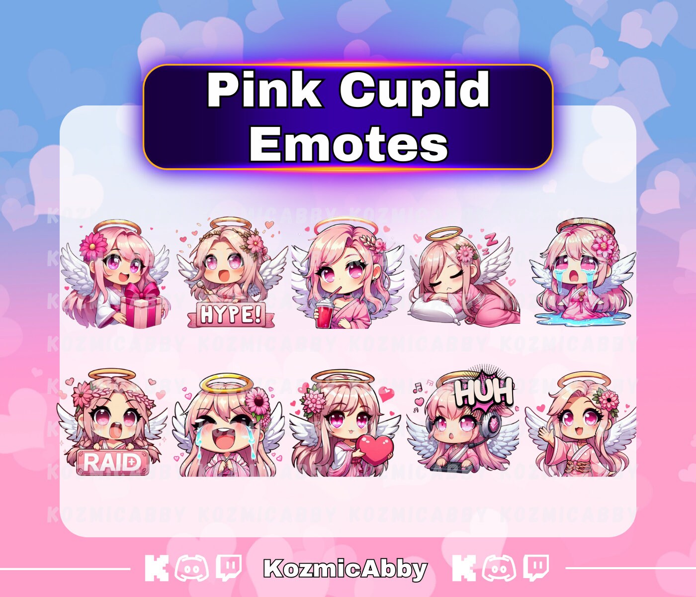 Valentines Day Pink Chibi Emotes, Twitch Pink Cupid Emote 10 Pack ...