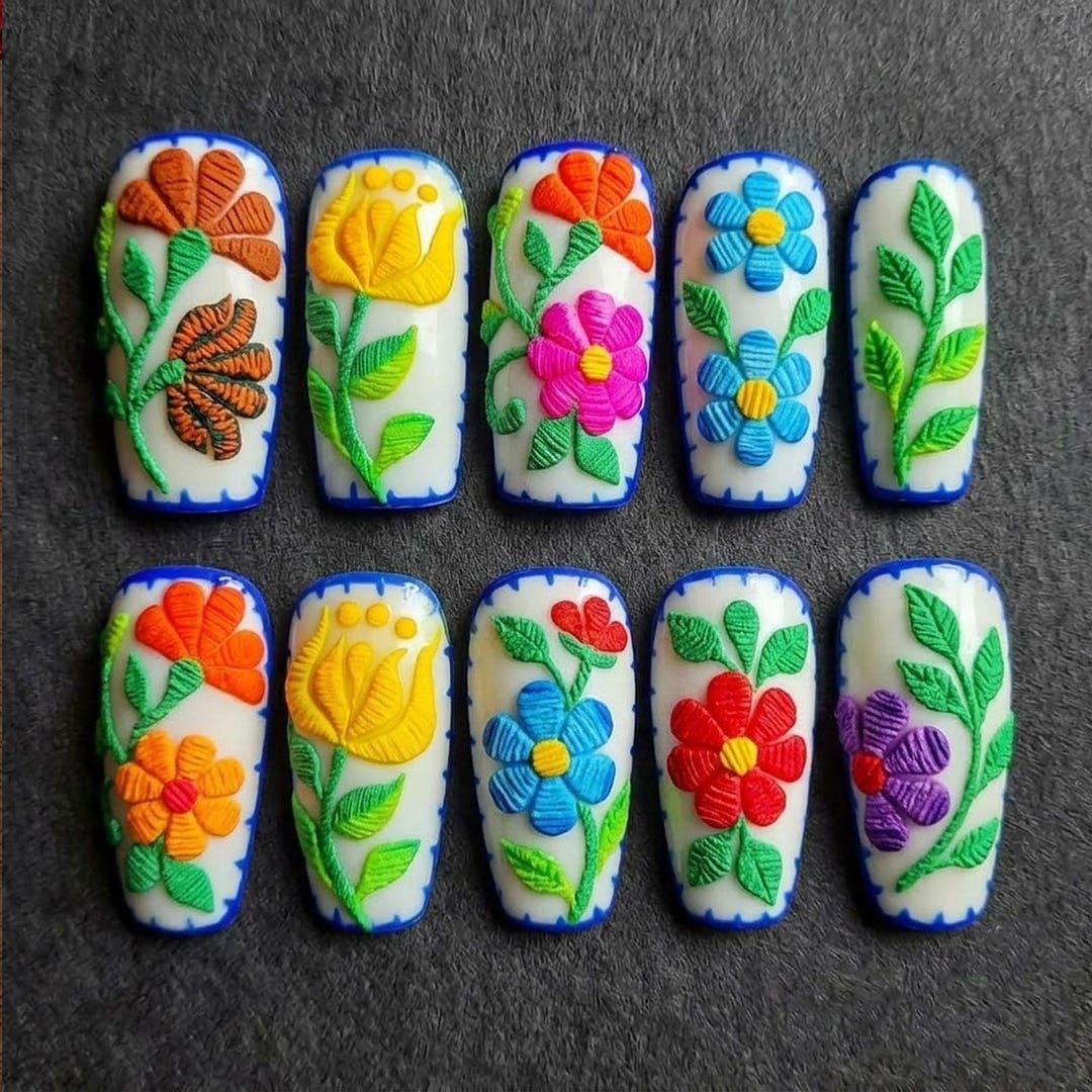 Colorful Folk Art Press on Nails, Embossed Floral Nails, Mexican ...