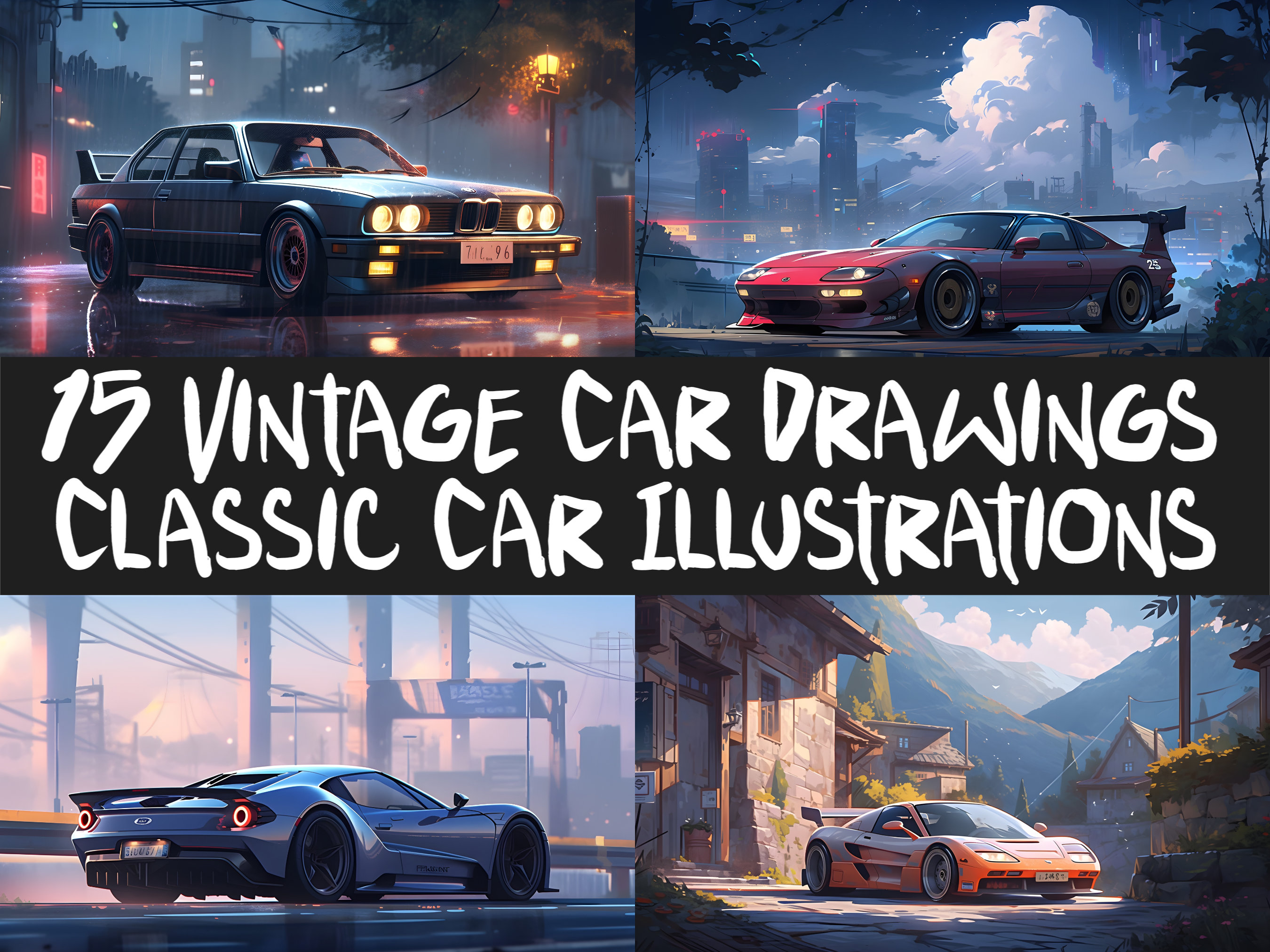 15 Vintage Car Drawings - Classic Car Illustrations - Etsy