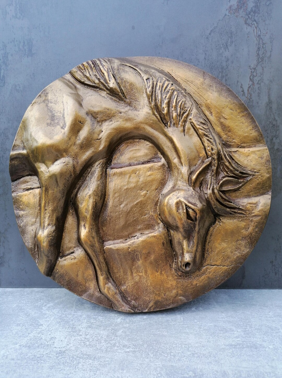 Round Bas-relief Depicting a Horse, Plaster Cast Patinated in Bronze ...