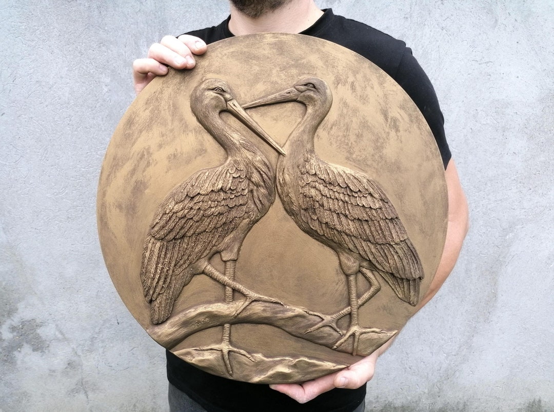 Patinated Bronze Imitation Storks Wall Relief, Detailed Plaster Artwork ...