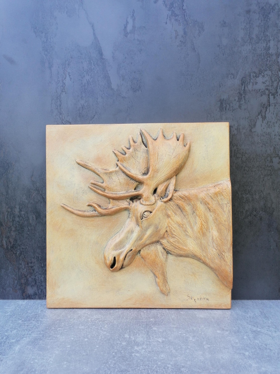 Plaster Bas-relief of a Moose, Patinated in Beige and Gold - an Ideal ...