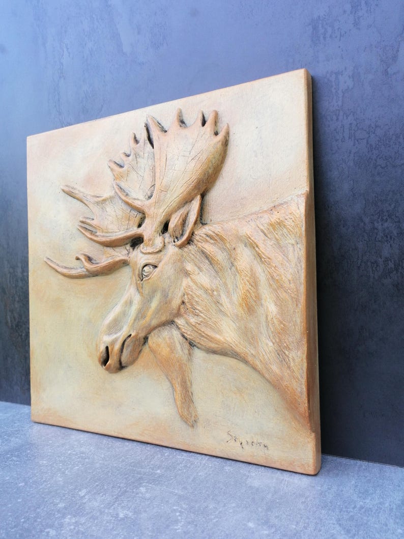 Plaster Bas-relief of a Moose, Patinated in Beige and Gold - an Ideal ...