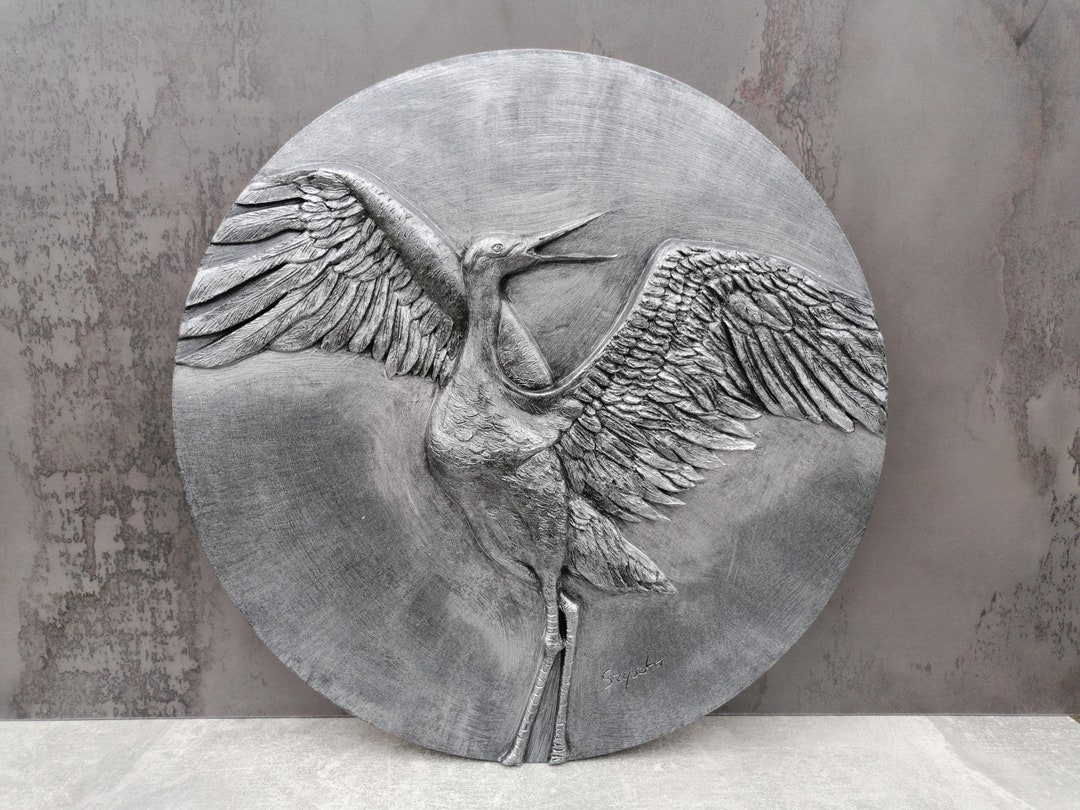 14" Crane, Bas-relief Crane, Old Silver Patina, Wall Art Crane, Crane ...